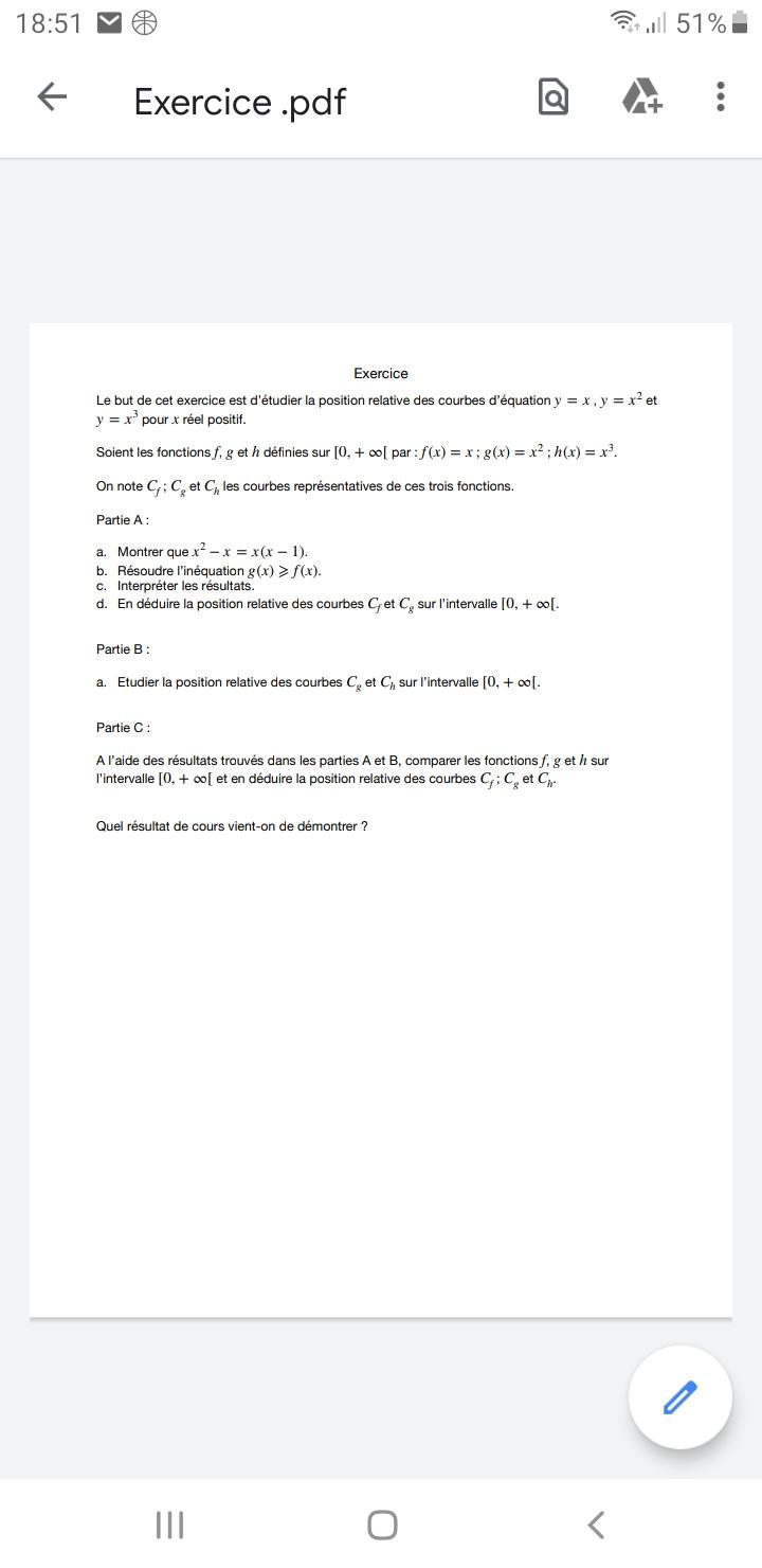 DM sur les positions relatives des courbes d'équation 1ère Mathématiques
